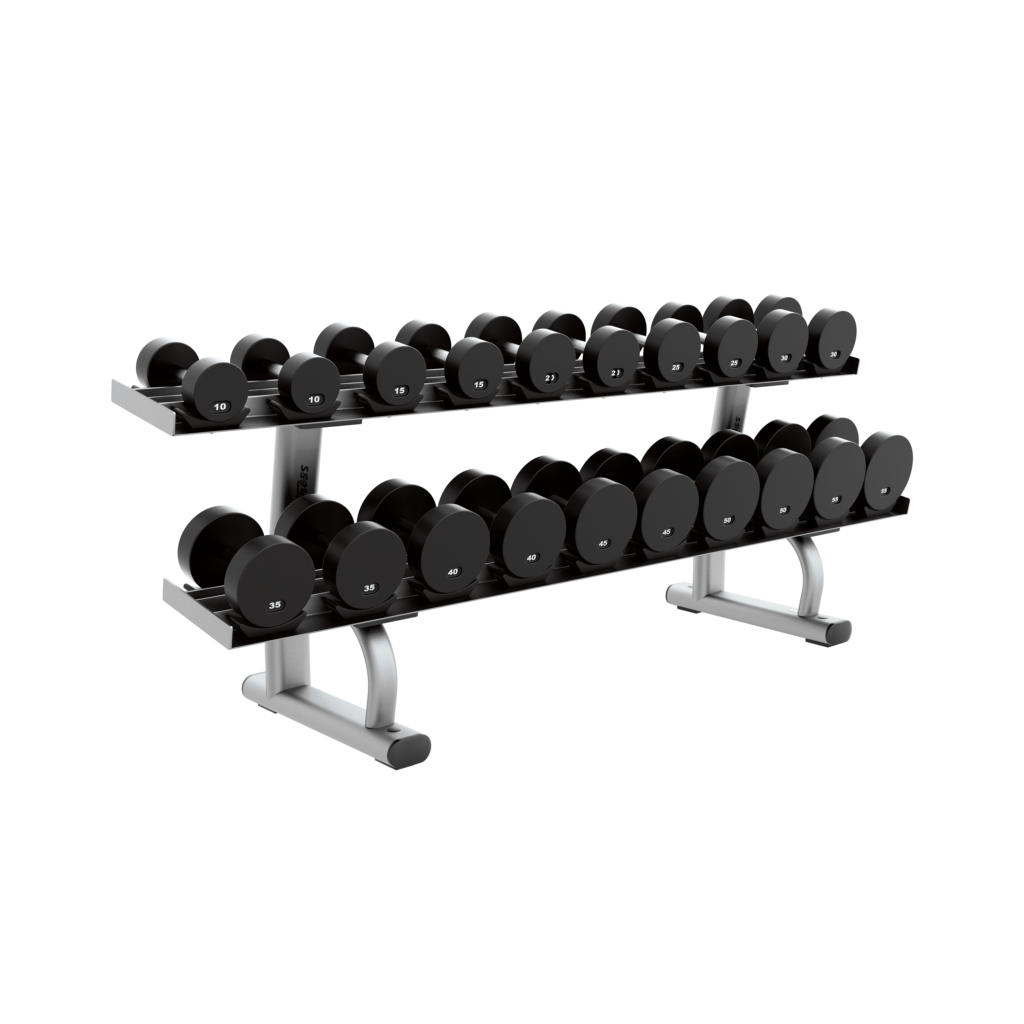 The Signature Two-Tier Dumbbell Rack conveniently holds 10